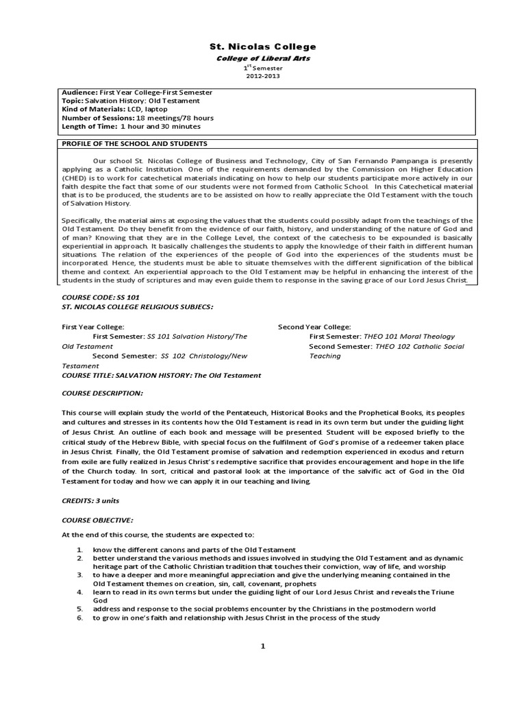 SYLLABUS On Salvation History-Old Testament For 1ST YR COLLEGE | PDF ...