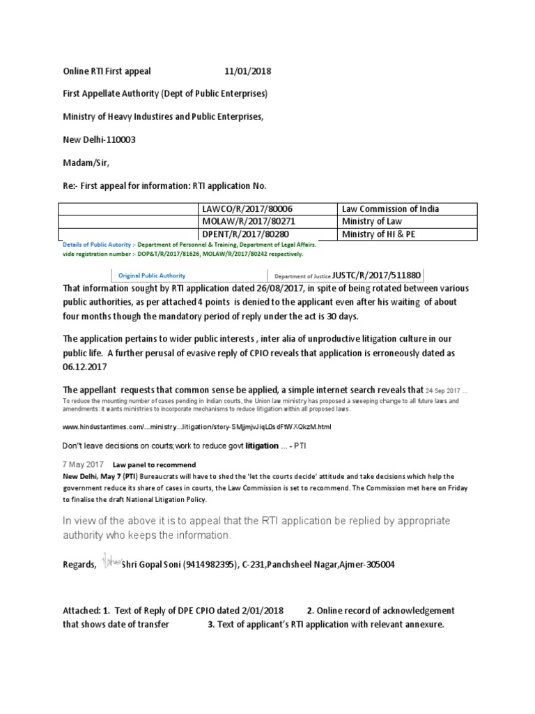 First Appeal RTI 260817 Reduce Litigation Policy | PDF | Lawsuit ...