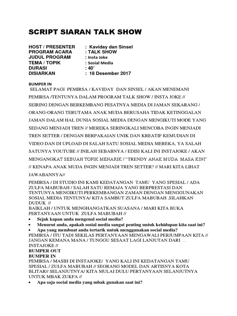 Script Siaran Talk Show | PDF