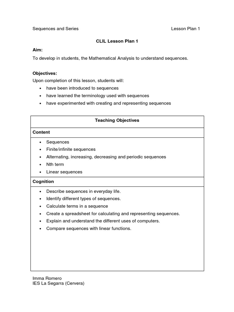CLIL Lesson Plan 1 Aim | PDF | Sequence | Series (Mathematics)