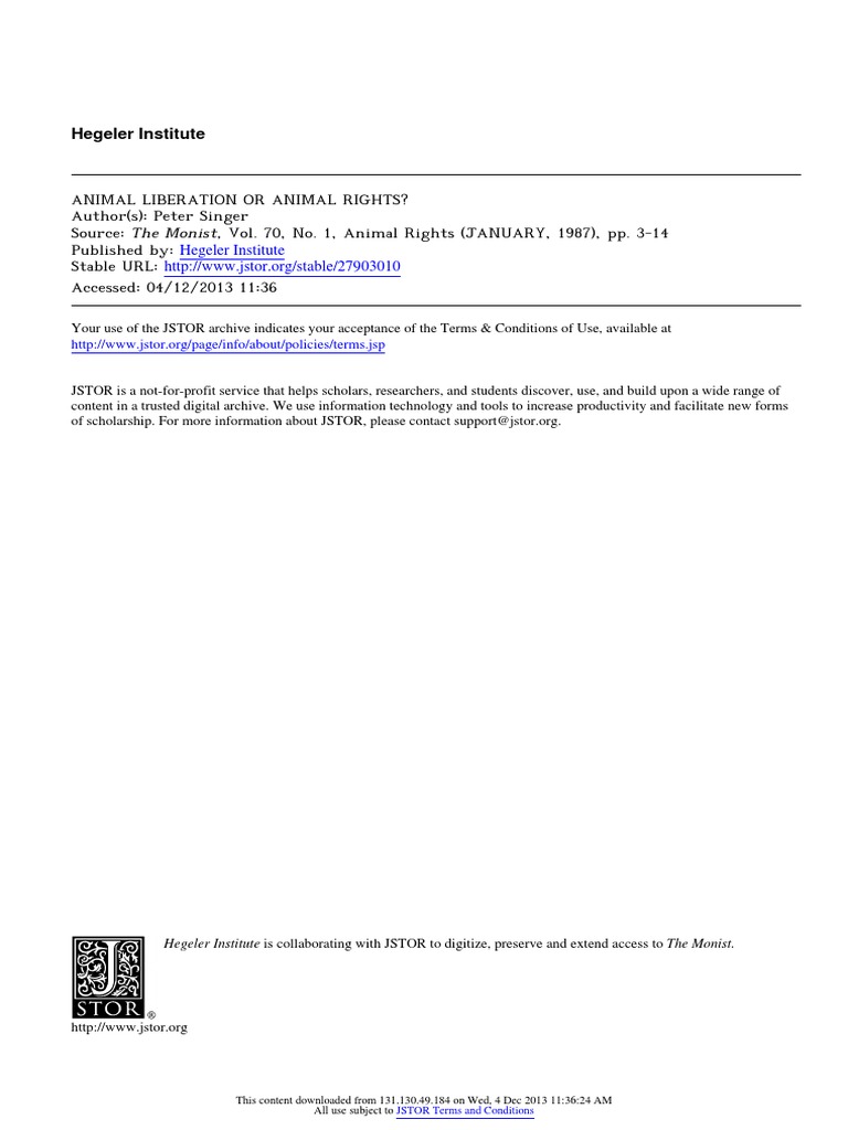 Peter Singer (1987) - Animal Liberation or Animal Rights | PDF ...