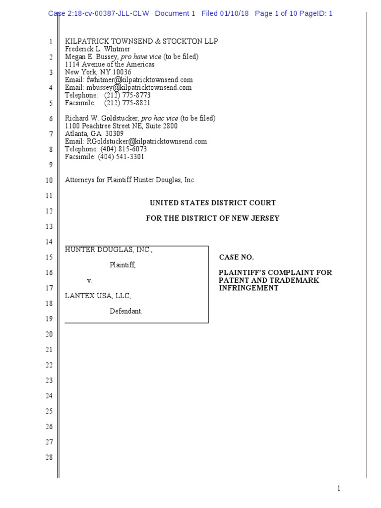 Hunter Douglas v. Lantex - Complaint | PDF | Trade Dress | Patent ...