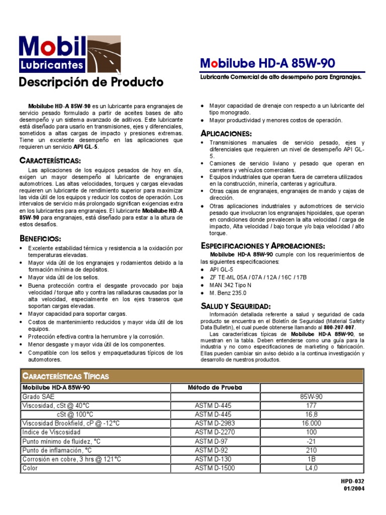 Mobilube HD A 85W 90 | Descargar gratis PDF | Engranaje | Lubricante