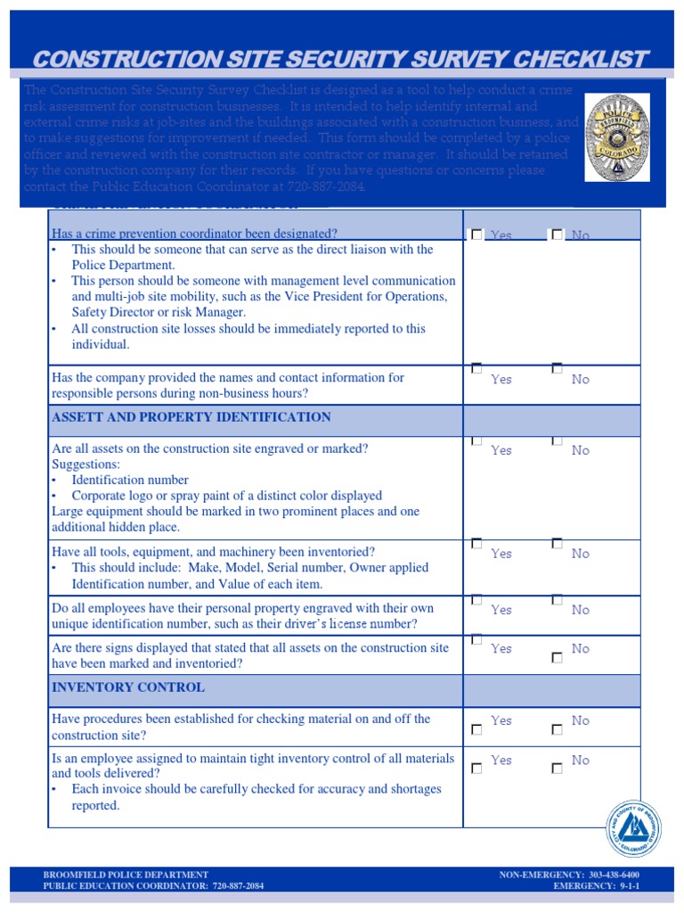 Construction Site Security Survey Checklist | Risk Management | Crimes