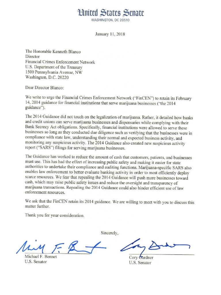 Letter Urging FinCEN to Maintain Banking Services for Marijuana ...