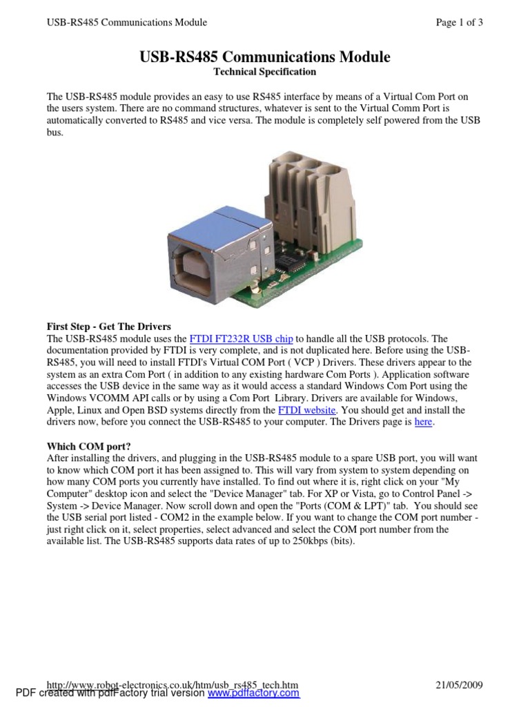 USB-RS485 Communications Module: Technical Specification | PDF | Device ...