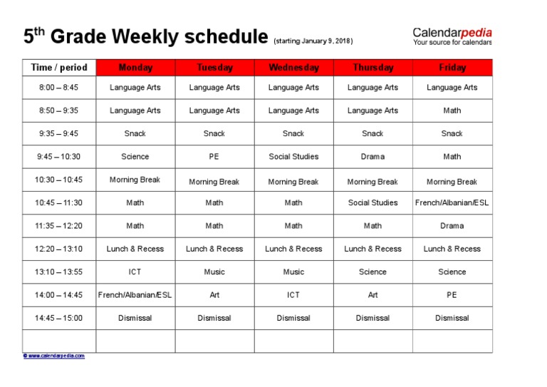 5 Grade Weekly Schedule: Time / Period Monday Tuesday Wednesday ...