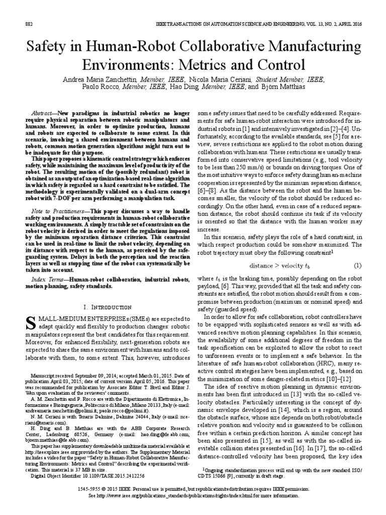 Safety in Human-Robot Collaborative Manufacturing Environments | PDF ...