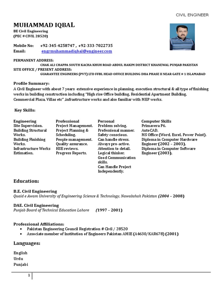 CV Engr Muhammad Iqbal Updated | PDF | Specification (Technical Standard) | Quality Assurance