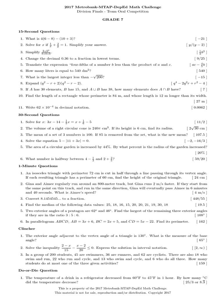 Grade 7 Division Finals Questions | PDF | Triangle | Angle