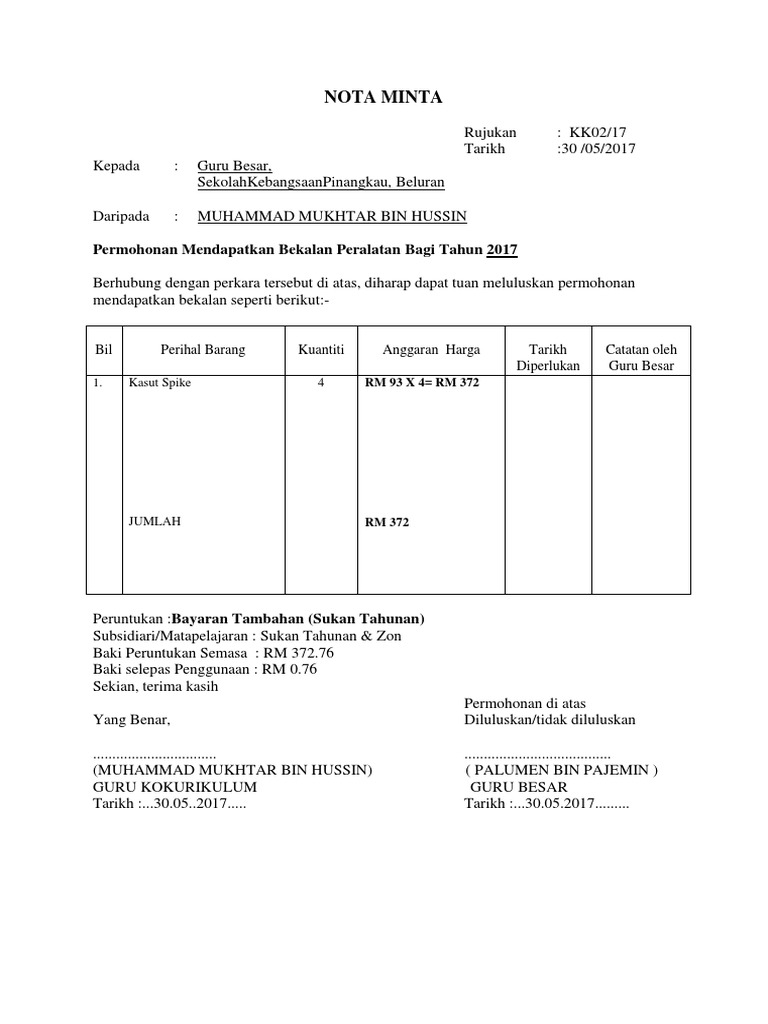Nota Minta BTP Sukan Tahunan 2017 | PDF