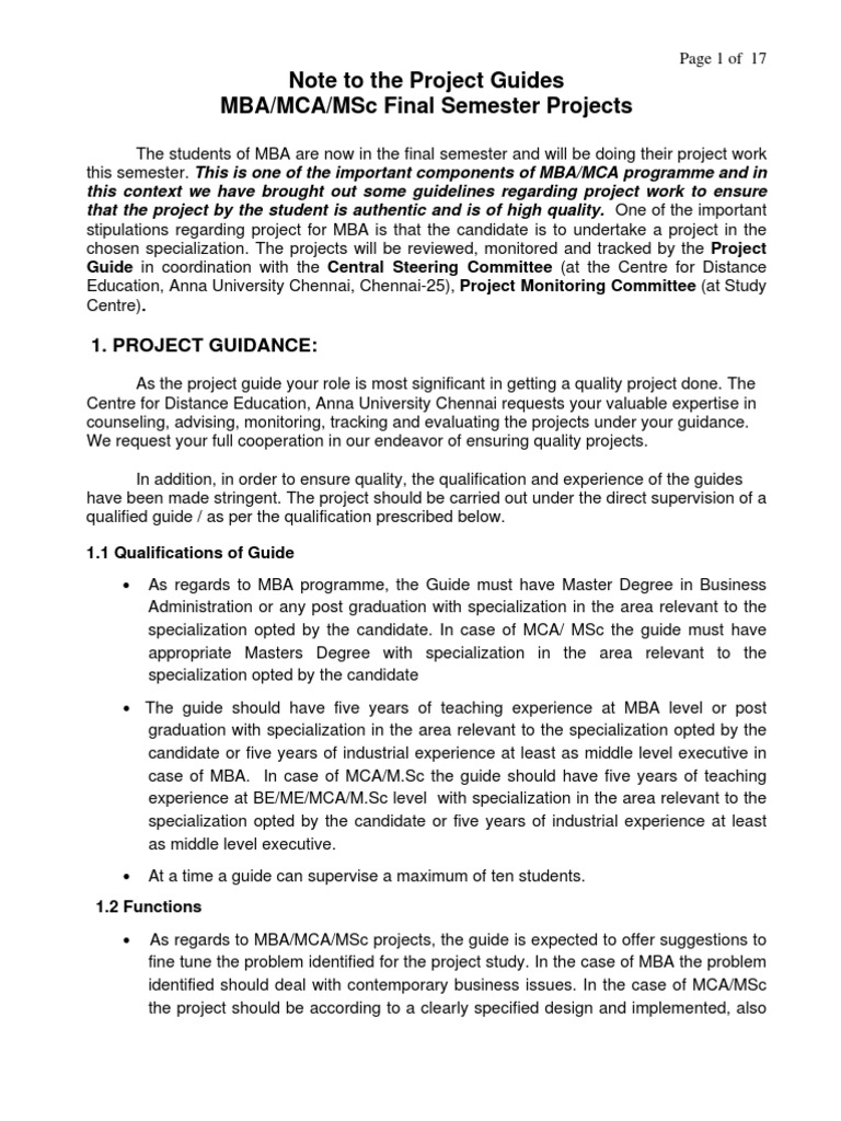 Note To The Project Guides Mba/Mca/Msc Final Semester Projects | PDF ...
