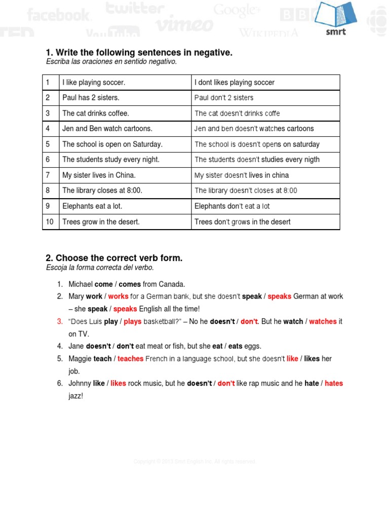 5-2 Present Simple - Negative Exercise | PDF | Language Arts & Discipline