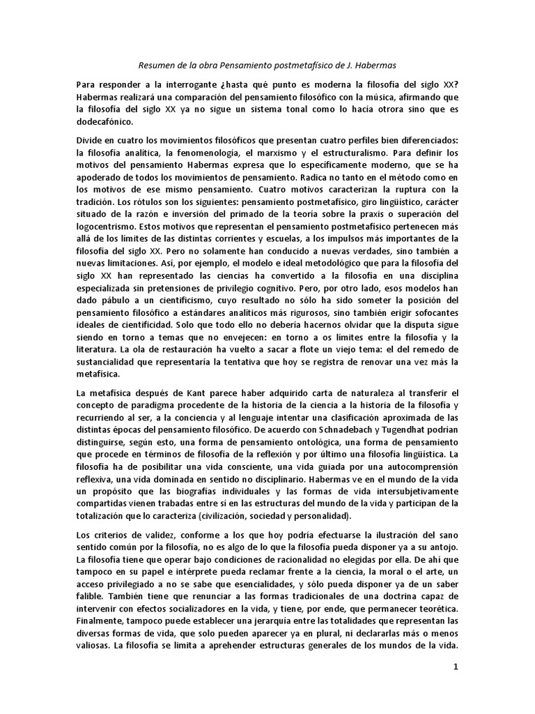 Habermas Resumen Pensamiento Postmetafisico | PDF | Metafísica | Teoría