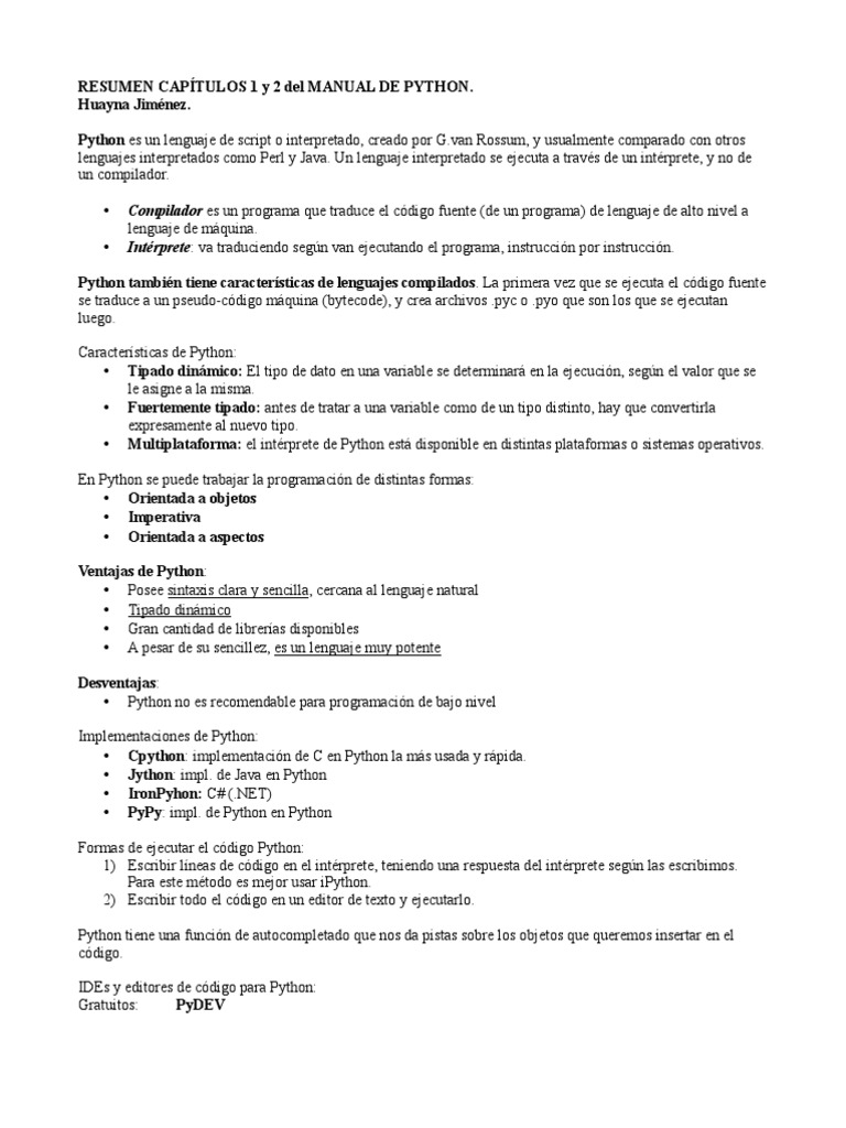 Resumen Python 1 Huayna Jimenez Pdf Lenguaje De Programación 