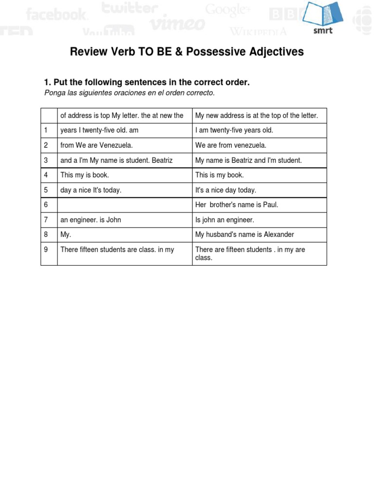 6-1 Verb To Be and Possessive Adjectives Review Exercise | PDF ...