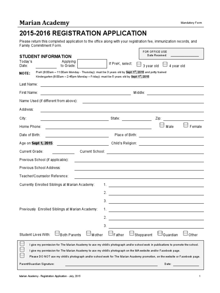 Marian Academy 2015-2016 Registration Application: Student Information ...