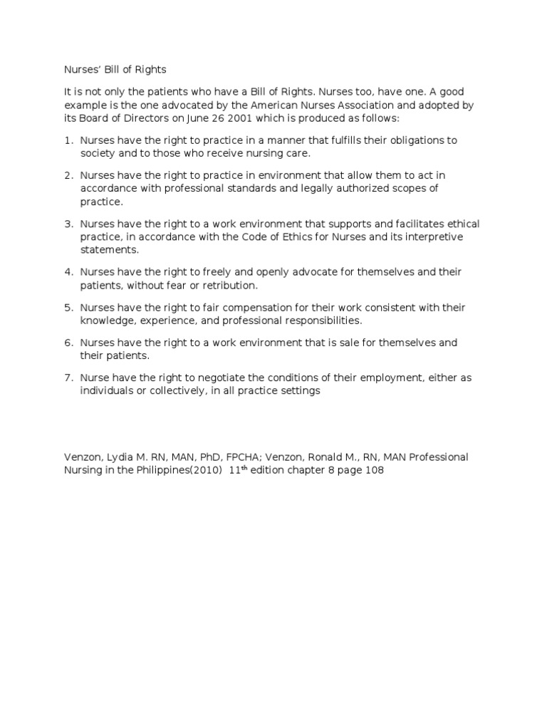 Nurses Bill of Rights | PDF | Nursing | Employment
