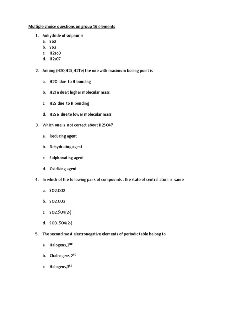 Multiple Choice Questions On Group 16 Elements | PDF