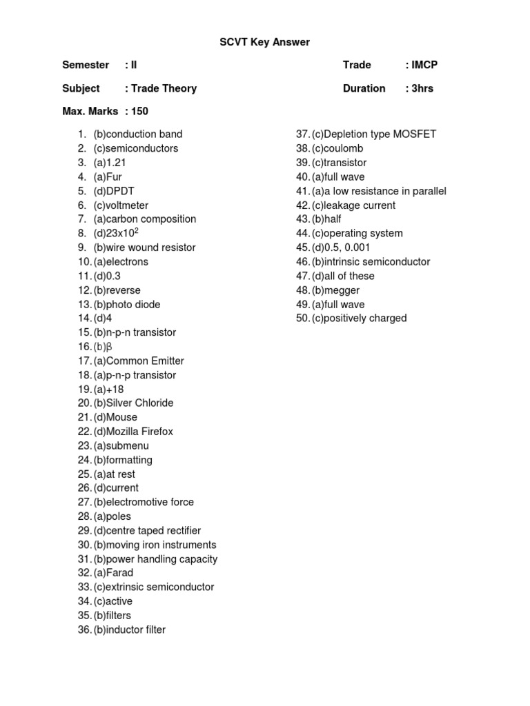 SCVT Key Answer Semester: Ii Trade: Imcp Subject: Trade Theory Duration ...