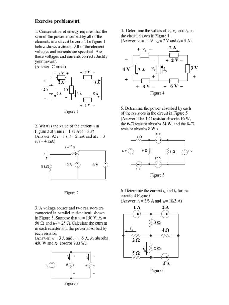 Exercise Problems #1: + V + 2 V 4 V + 3 A 2 A | PDF | Electrical Network | Resistor