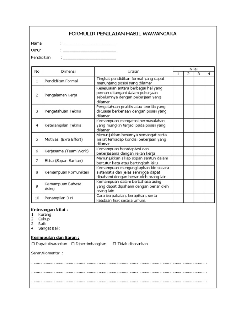 Formulir Penilaian Hasil Wawancara