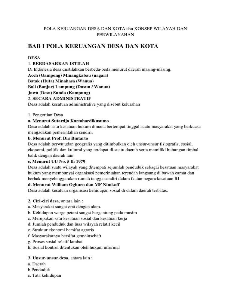 Pola Keruangan Desa Dan Kota Dan Konsep Wilayah Dan Perwilayahan | PDF