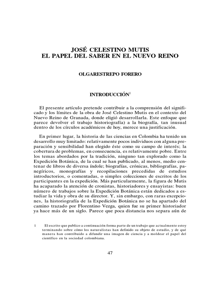 "José Celestino Mutis El Papel Del Saber en El Nuevo Reino" Olga Restrepo Forero | PDF ...