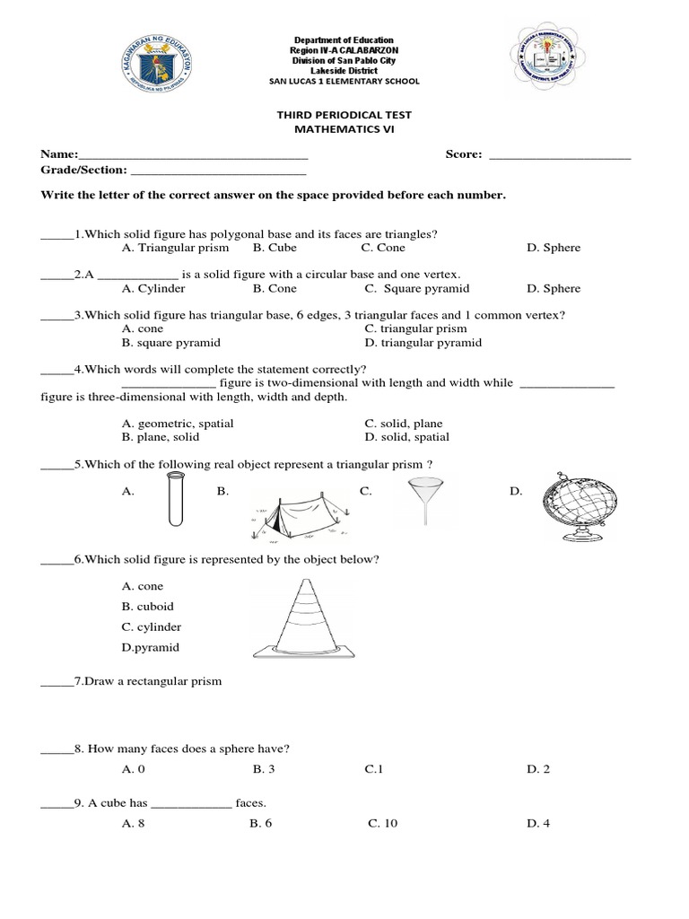 Third Periodical Test Mathematics | PDF | Equations | Triangle