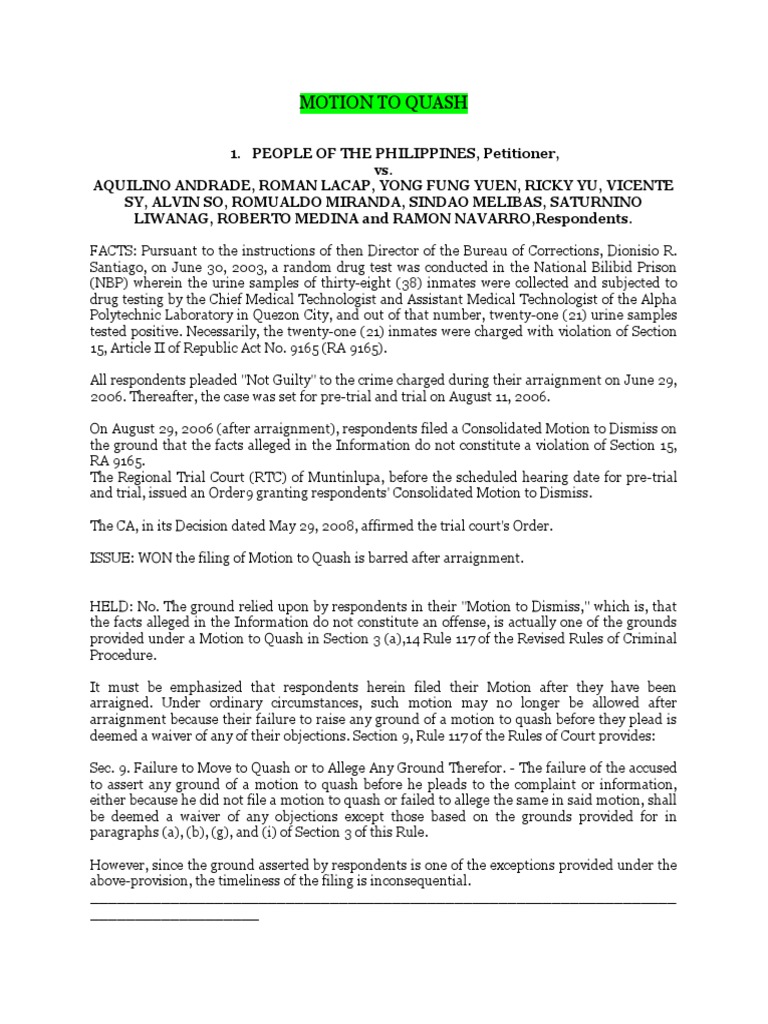 MOTION TO QUASH (final).docx | Certiorari | Complaint