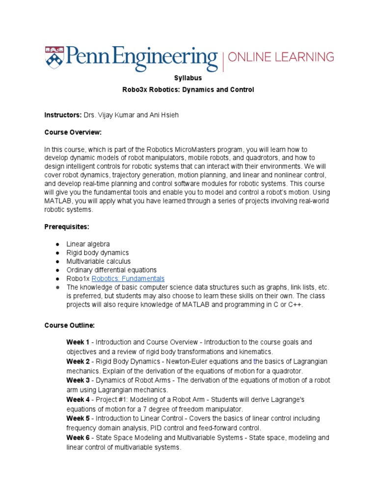 Syllabus Robo3x: Robotics: Fundamentals | PDF | Pedagogy