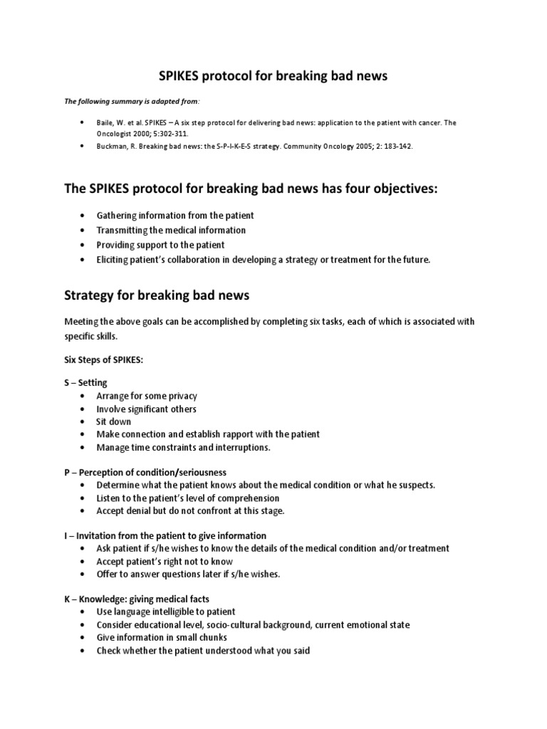 SPIKES Protocol For Breaking Bad News PDF | PDF