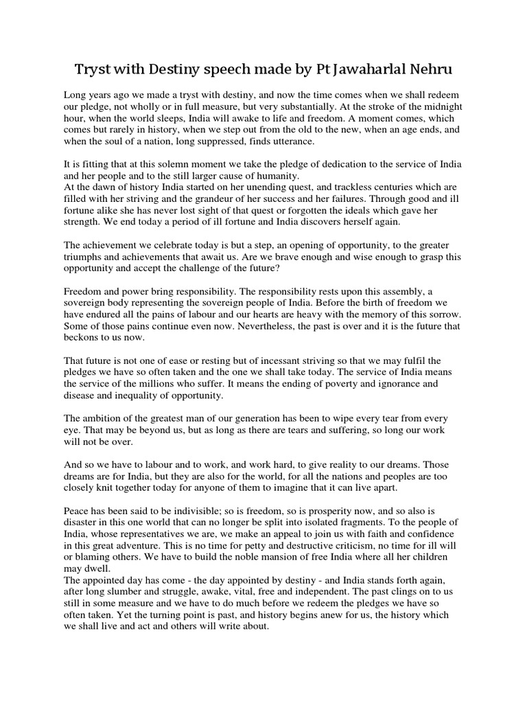 Tryst With Destiny Speech Made by PT Jawaharlal Nehru | PDF