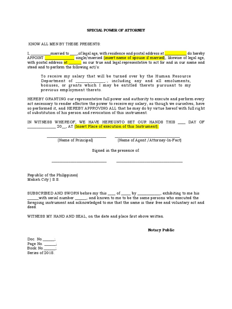 Special Power of Attorney - To Receive Payment | PDF