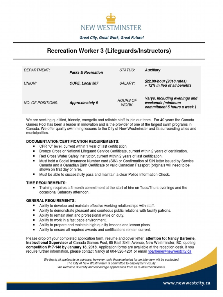 Lifeguard Instructor Job Opening in BC | PDF | Business