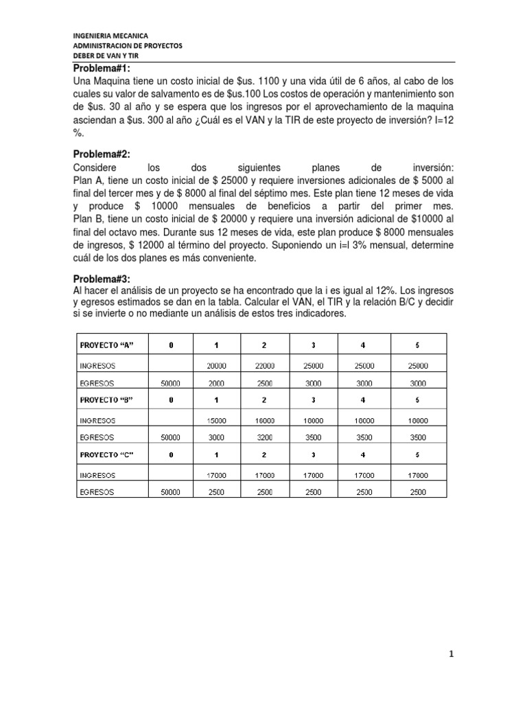 Ejercicios de VAN, TIR, RBC... | PDF | Valor presente neto | Economias