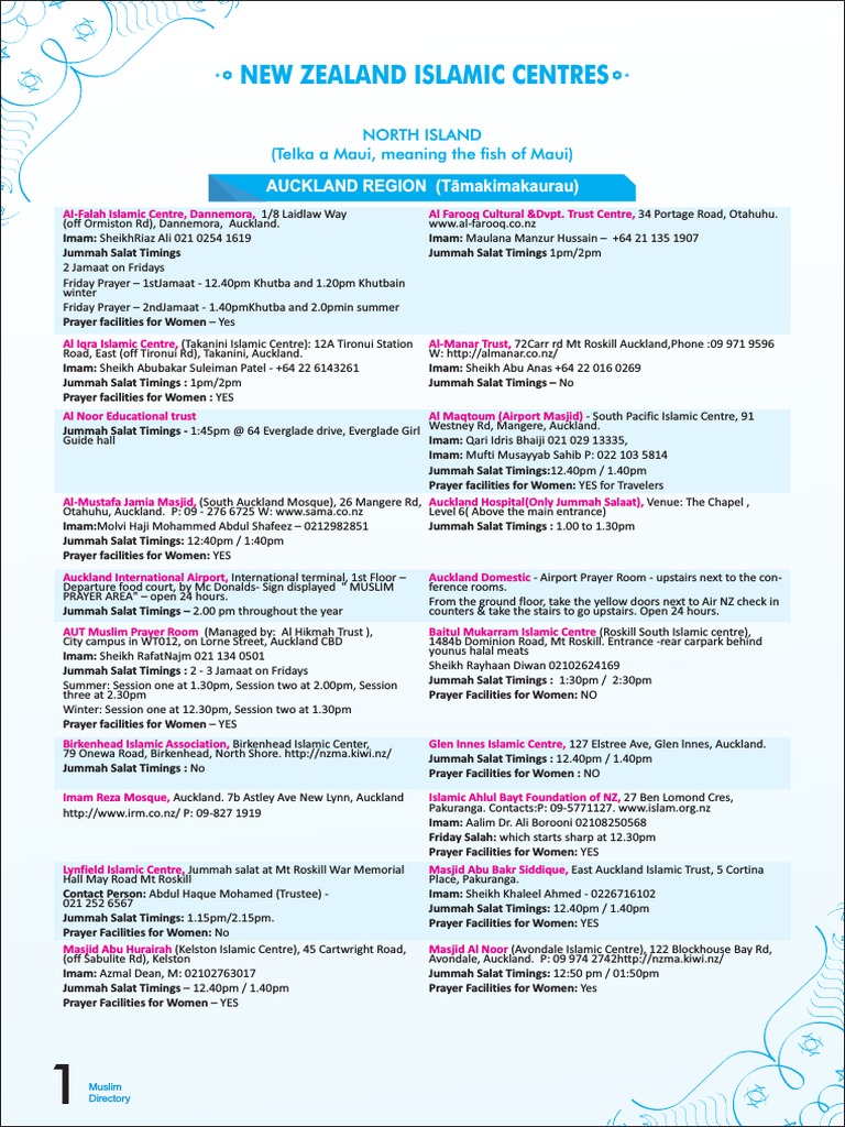 A Guide to Islamic Centres and Mosques in Auckland, New Zealand | PDF