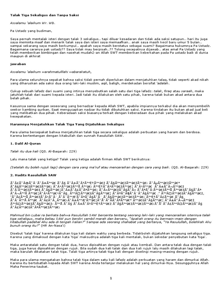 Talak Tiga Sekaligus Dan Tanpa Saksi | PDF