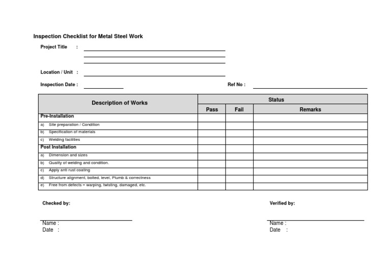 Inspection Checklist For Metal Steel Work | PDF