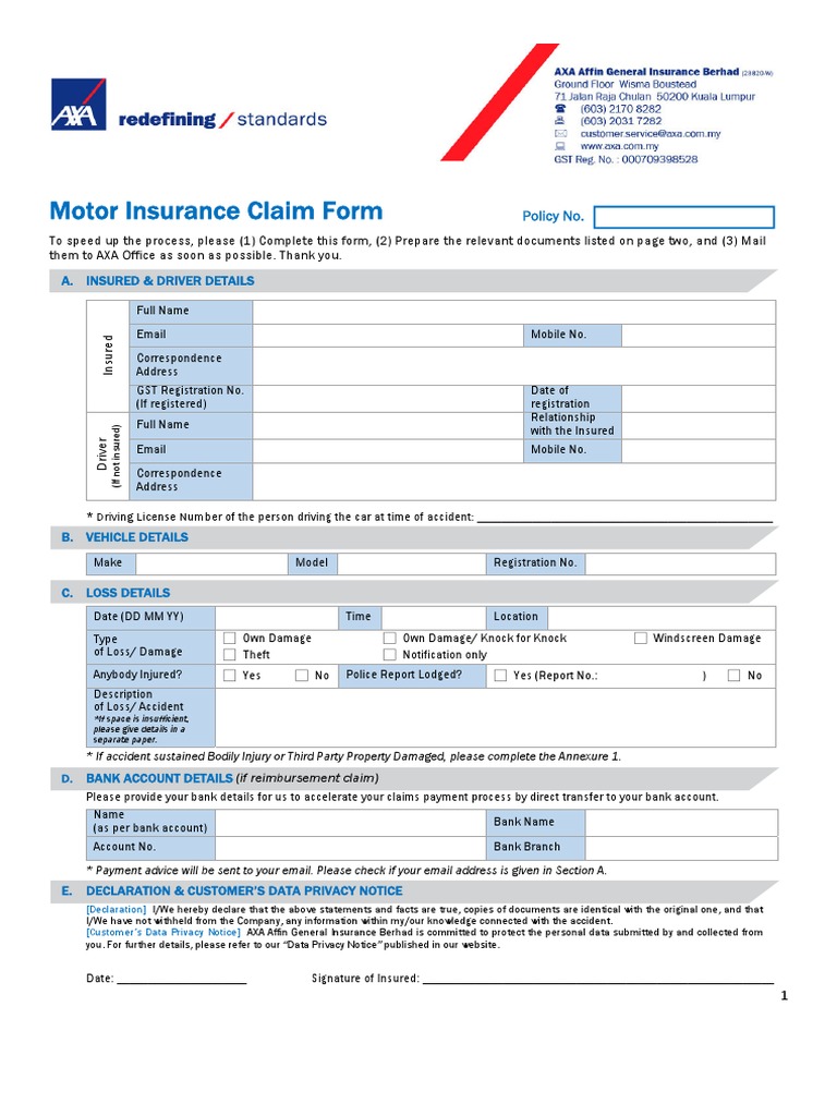 SmartDrive Private Motor Insurance Claim Form Eng | PDF | Vehicle ...