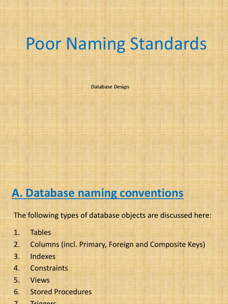 Poor Naming Standards: Database Design | PDF | Database Index | Data