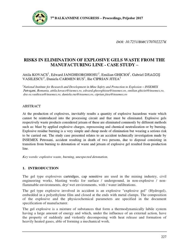 Risks in Elimination of Explosive Gels Waste From The Manufacturing ...