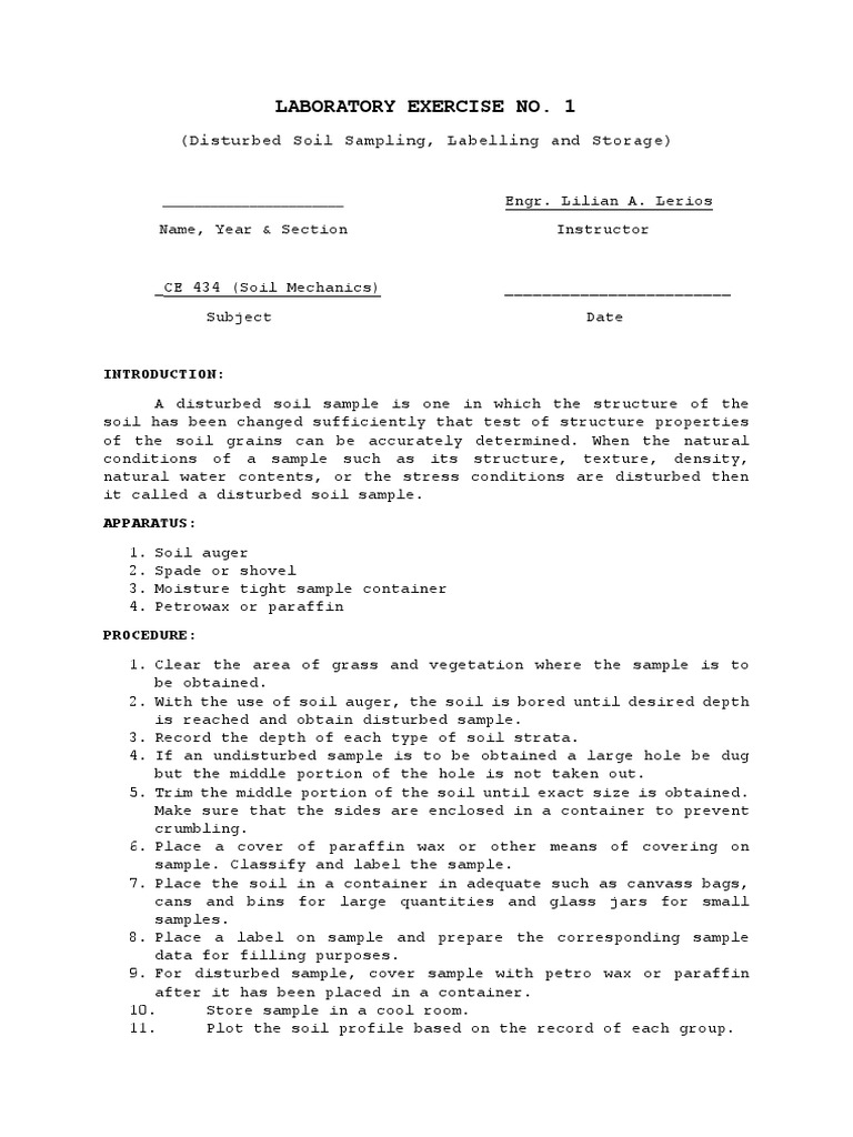 Laboratory Exercise No. 1: (Disturbed Soil Sampling, Labelling and ...