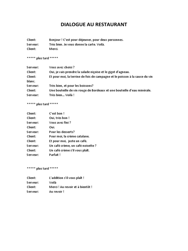 Dialogue Au Restaurant | PDF | Livres de cuisine, nourriture et vin