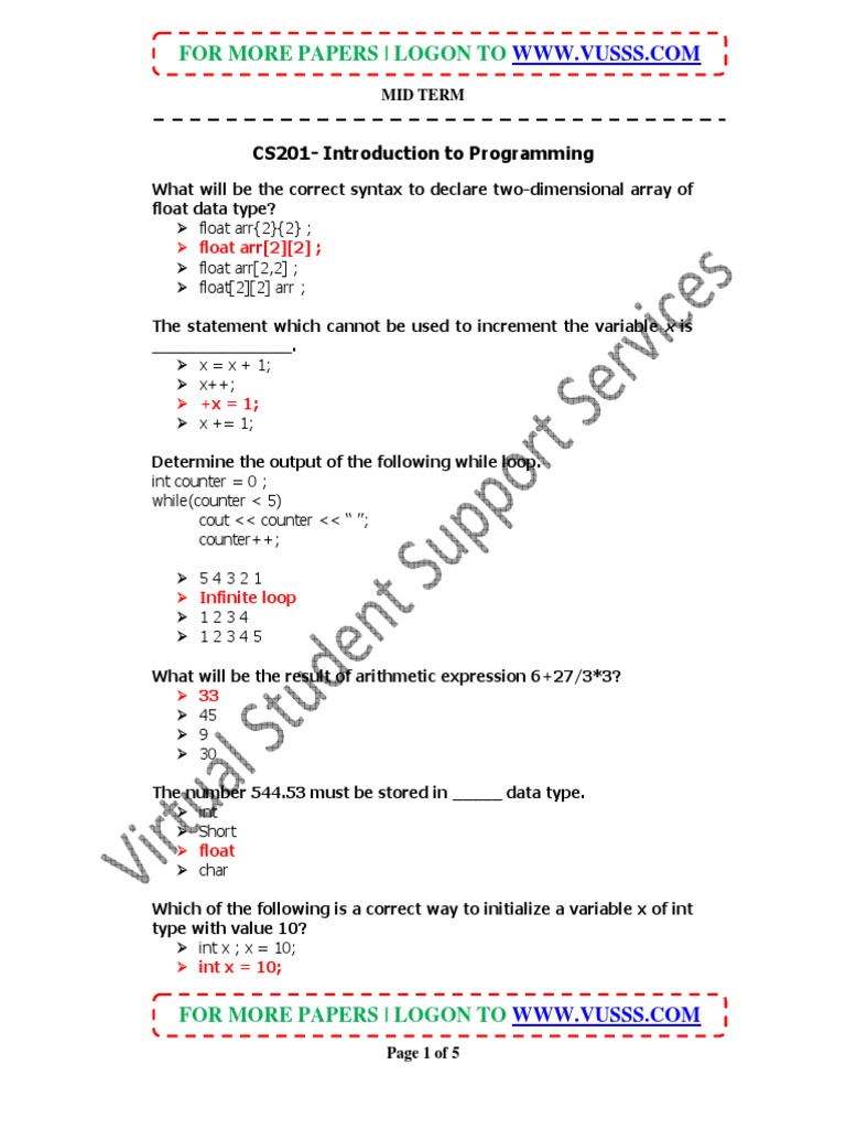 CS201 Introduction To Programming Solved MID Term Paper | PDF | Pointer (Computer Programming ...
