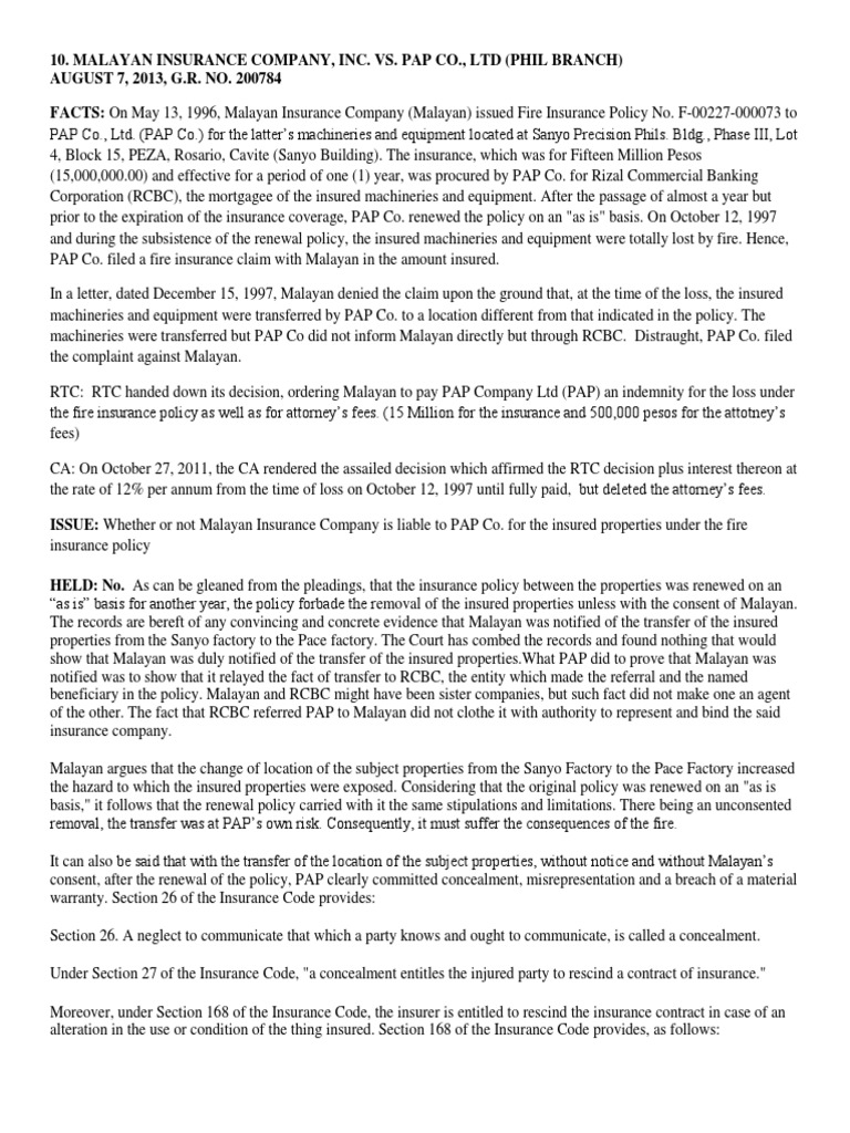 Malayan Insurancs Vs Pap Co | PDF | Insurance | Insurance Policy