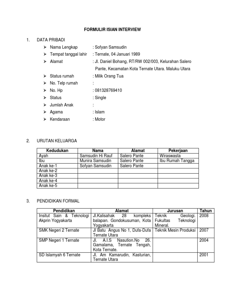 Formulir Isian Interview | PDF