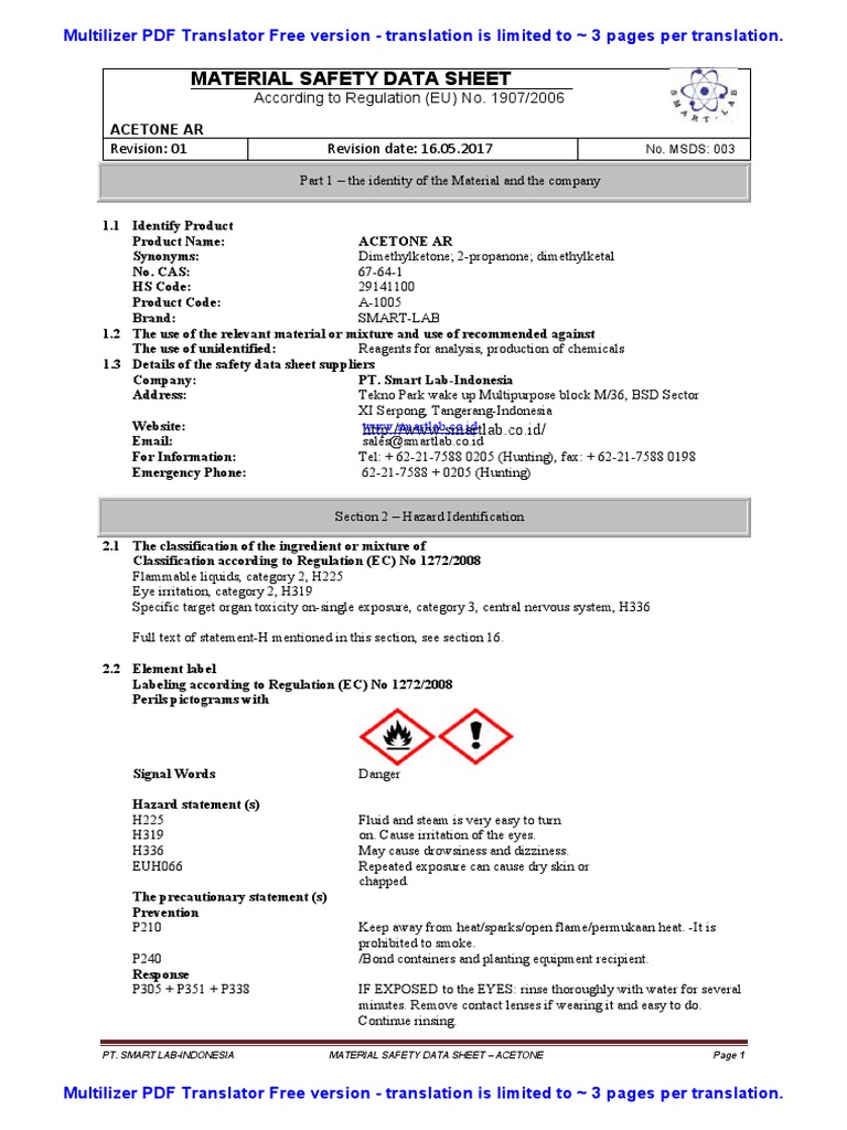 Msds Acetone | PDF | Chemistry | Physical Sciences