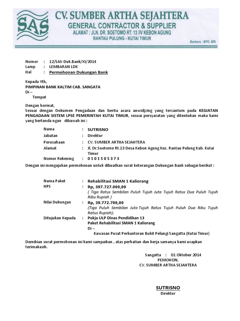 Permohonan Dukungan Bank Cv. Sas | PDF