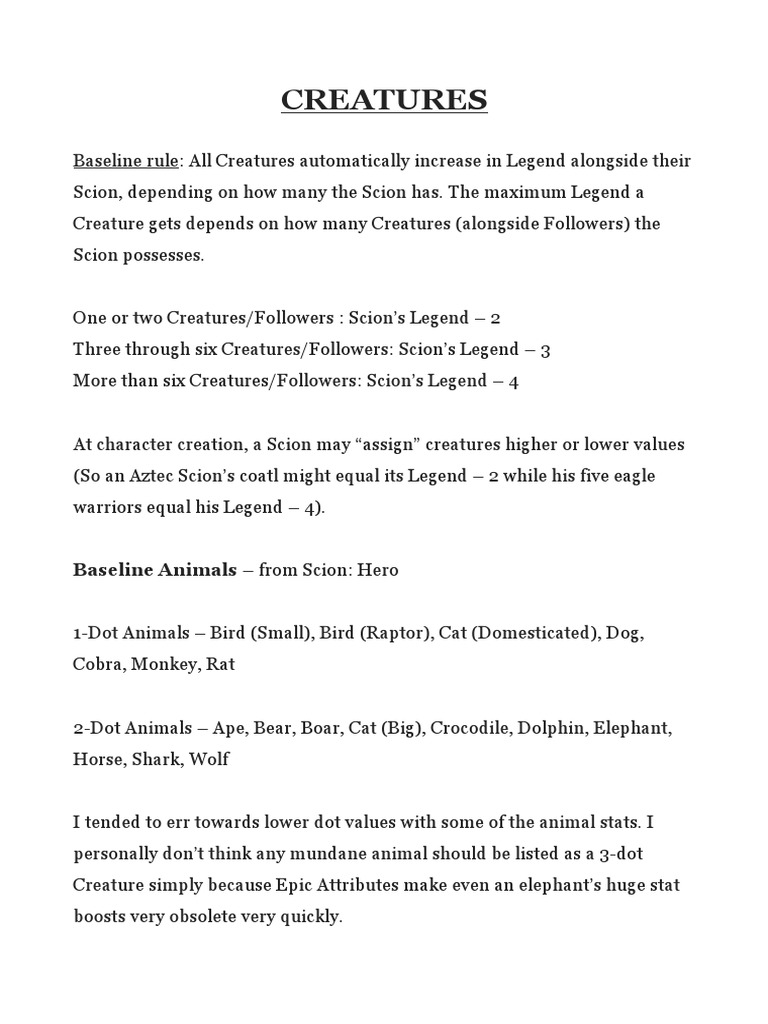 Creatures: Baseline Animals - From Scion: Hero | PDF | Philosophy